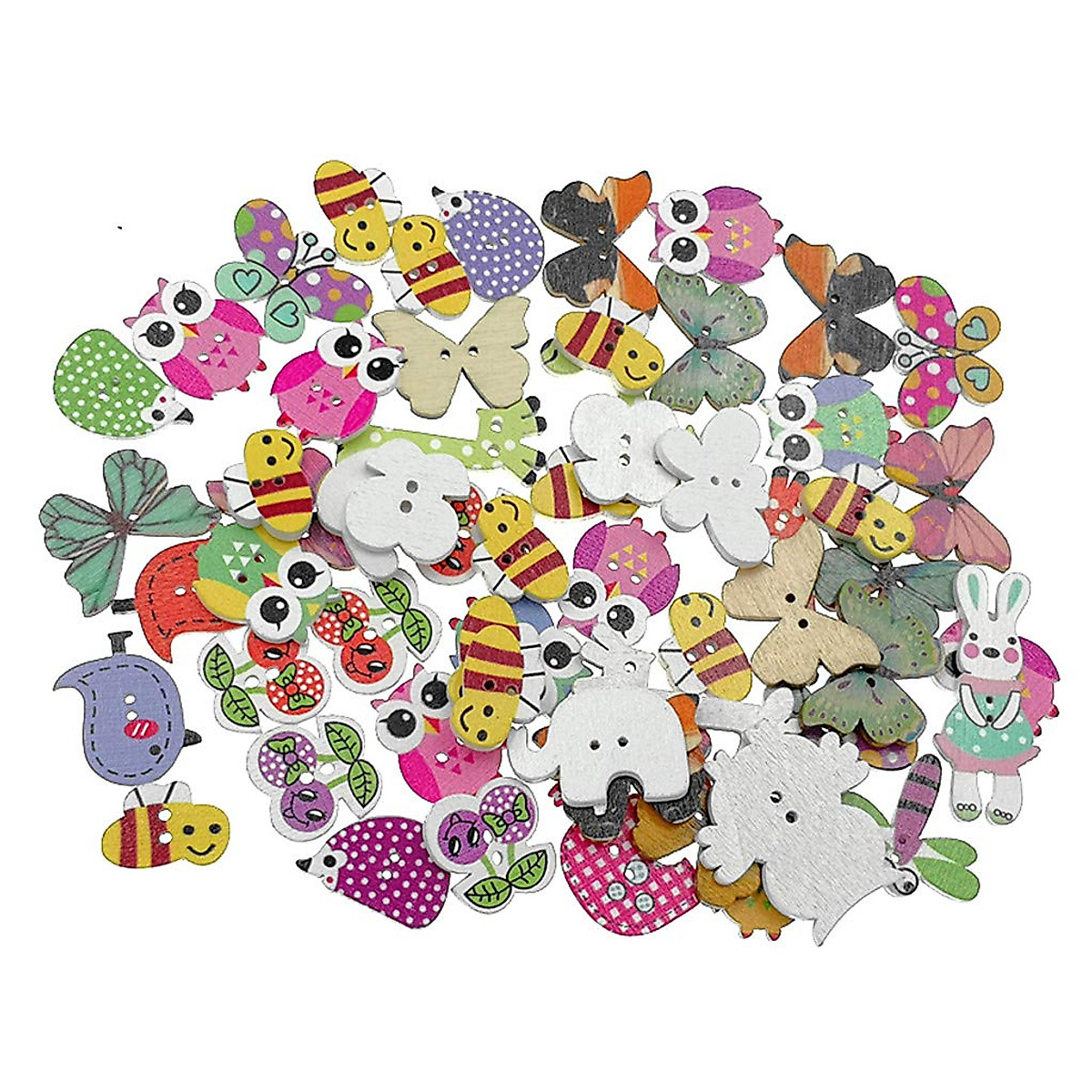 Kinteshun Wooden Buttons Natural Wood 2-Holed Fastener Buttons for Sewing Knitting Handcraft(100pcs,Assorted Cartoon Animals Printing Patterns)