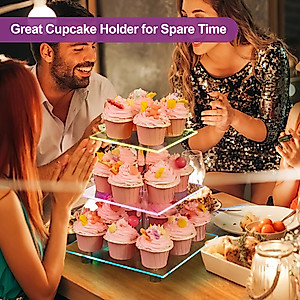 Cupcake Stand - 3 Tier Cupcake Tower with Rechargeable Light- Acrylic Cupcake Holder for 24 Cupcakes-7 Color Cupcake Display Stand- Clear Dessert Display Stand for Weddings, Birthdays, and Special Occasions