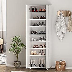 Hitow Large Shoe Cabinet with Wheels Wooden 2 Door Tall Shoe Storage Rack 7 Adjustable Shelves Cabinet for Office,Home,Garage White