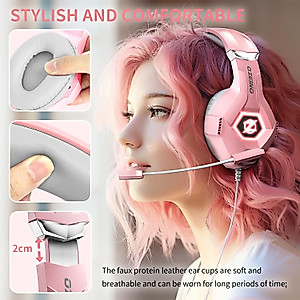 Ozeino Gaming Headset for PS4, PS5, PC, Xbox One Controller, Noise Cancelling Over Ear Headphones with Mic, LED Light, Bass Surround, Soft Memory Earmuffs -Pink