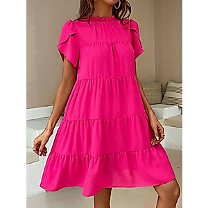 Verdusa Women's Tie Back Petal Sleeve Mock Neck Ruffle Hem A Line Swing Smock Dress Hot Pink L