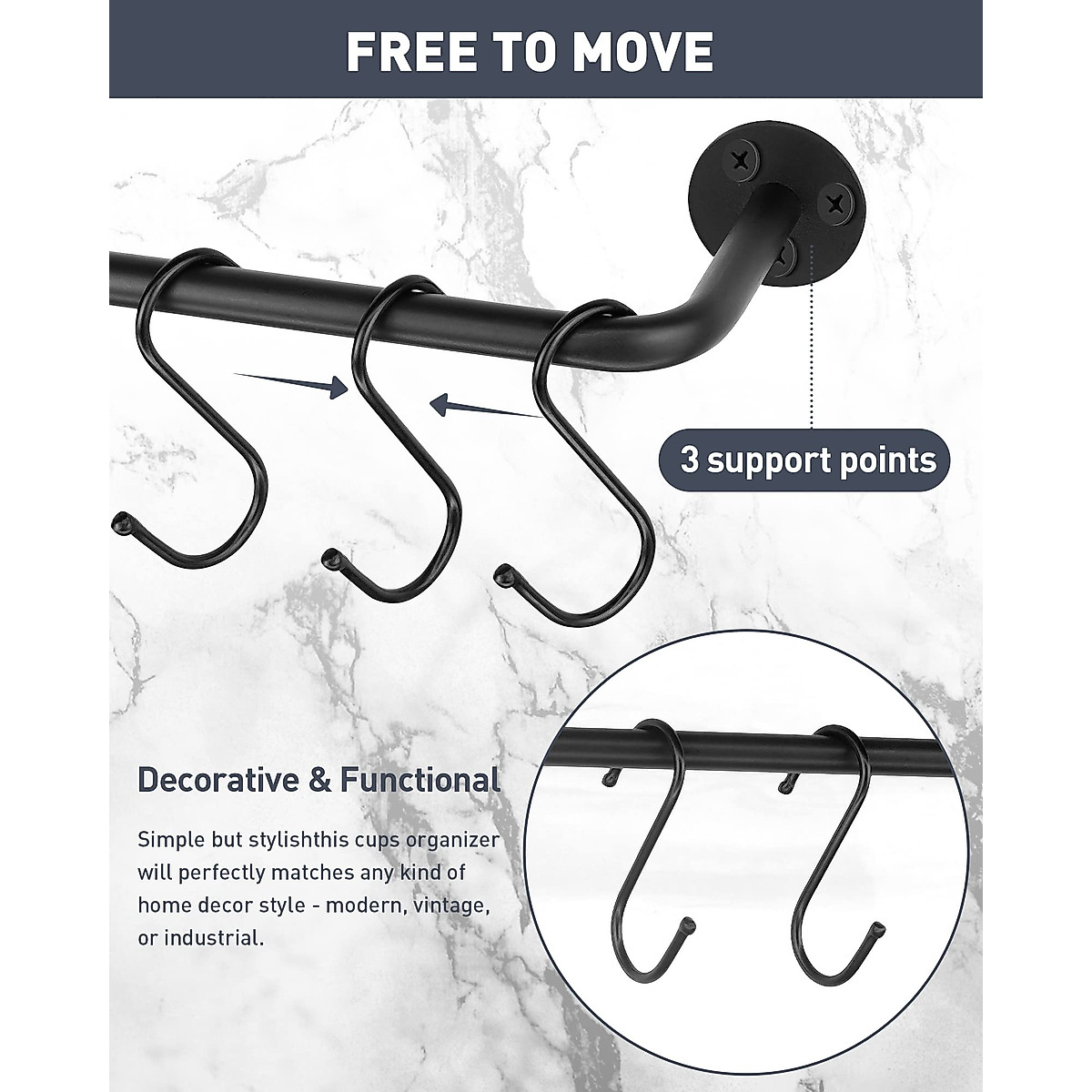 QYINXIU Coffee Mug Wall Rack，Coffee Cup Holder Wall Mounted，Mug Racks for Wall，Mug Wall Rack，Mug Holder Wall，Set of 2, Black (Black)