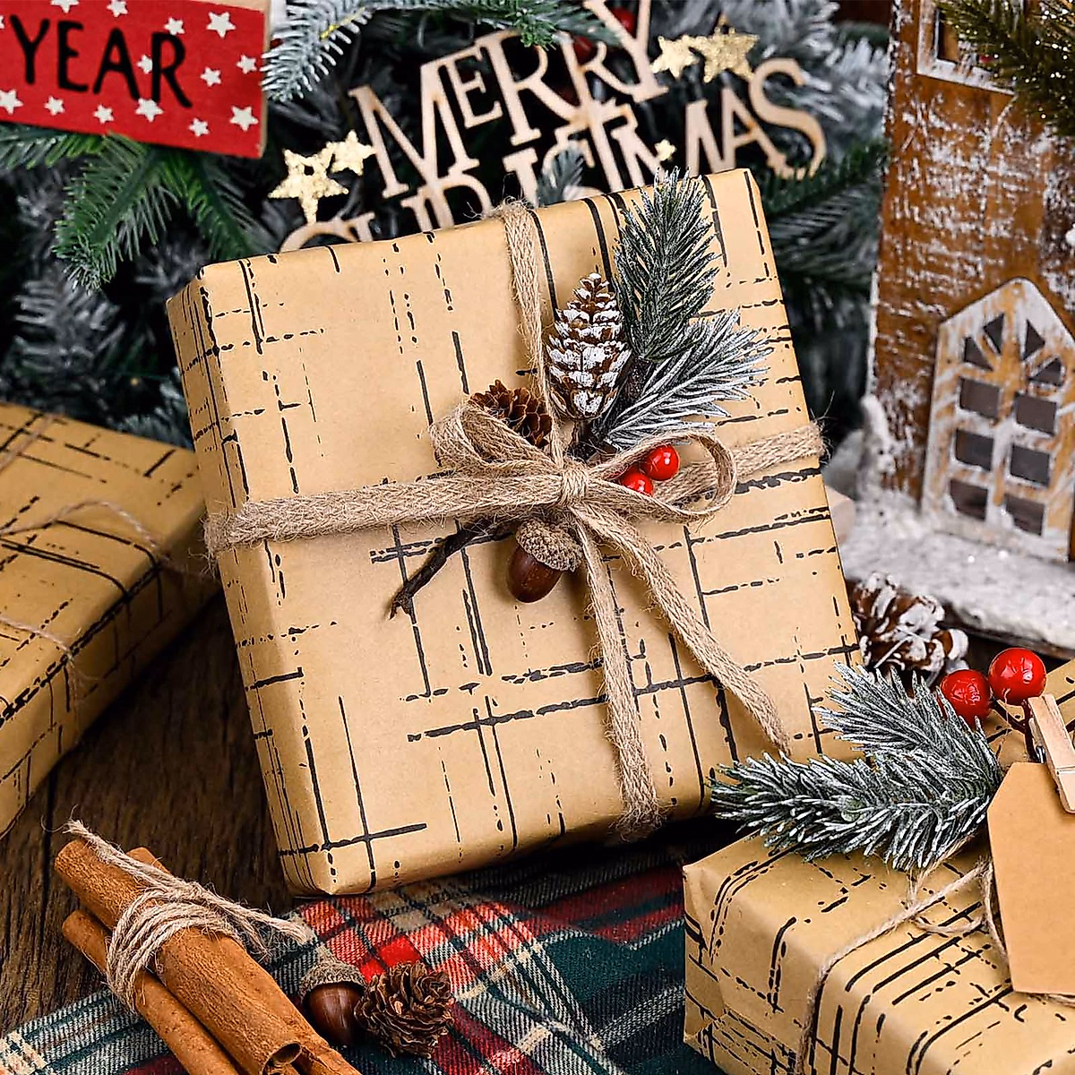 Merture Kraft Wrapping Paper Roll, Brown Gift Wrap with Dynamic Plaid Pattern - 17 In X 32.8 Ft Black Stripe Wrapping Paper for Christmas, Wedding, Father's Day, Mother's Day, Valentines Day - 1 Roll (46.5 sqft.)