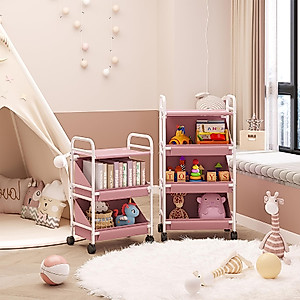 Buzowruil Utility Rolling Fabric Storage Rack Trolley Toy Rack Storage Cart Trolley with 3 Large Storage Boxes，Wheels, Suitable for Bedroom, Living Room, Entryway, Pink