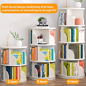 Cuguords 4 Tier Rotating Bookshelf Tower, 360 Degree Revolvin Bookcase,Spinning Bookshelf for Kids&Adults, Floor Standing Bookcase Storage Rack, Wood Narrow Bookshelf for Bedroom, Living Room, White