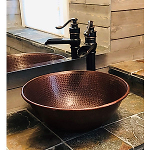 SimplyCopper 14" Round Copper Vessel Bath Sink Brushed Sedona Highlighting