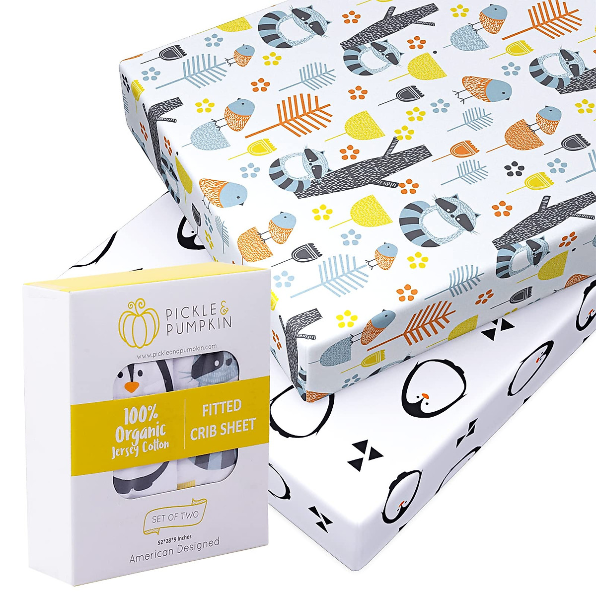 Pickle & Pumpkin Premium Organic Crib Sheet | 2 Pack 100% Organic Jersey Cotton Fitted Crib Sheets Set | Toddler or Standard Crib Mattress Sheets | Girls & Boys | Penguin & Woodland Crib Sheet