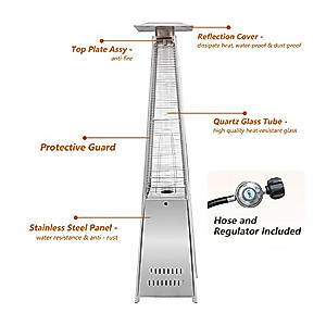 LUCKYERMORE Pyramid Patio Propane Heater, 42,000 BTU Heavy Duty Quartz Glass Tube Flame Heater with Wheels Propane, Stainless Steel