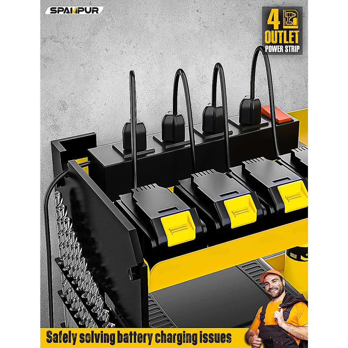 Spampur Power Tool Organizer Wall Mount with Charging Station, Garage Tool Shelf 6 Drill Holders, Tool Battery Holder with Screwdriver Heavy Duty Rack, Tool Storage Rack with 4 Outlet Power Strip