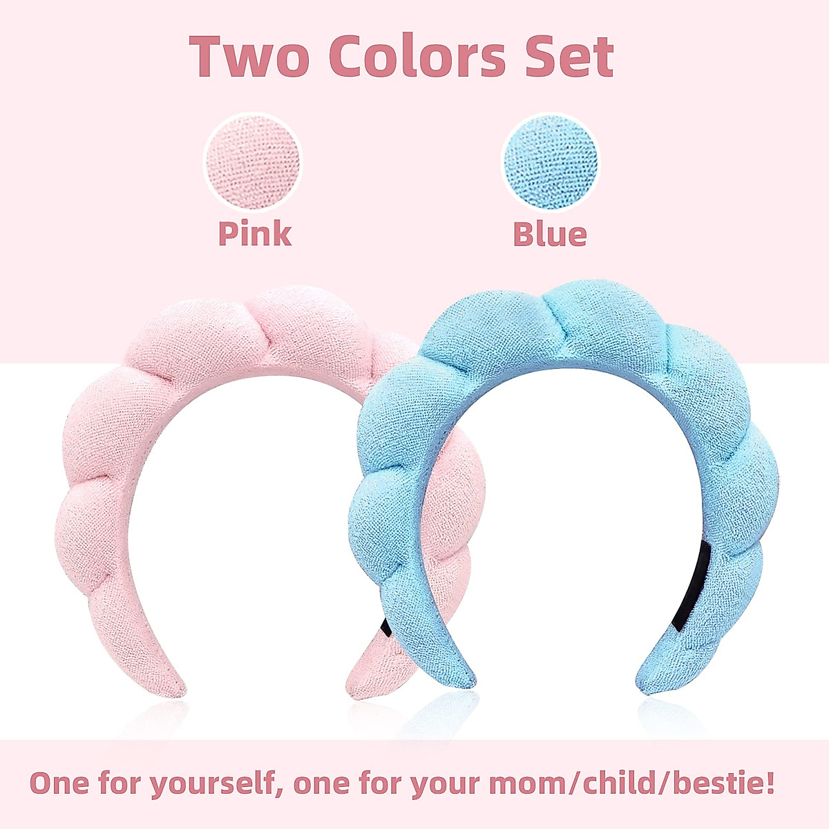 NewBang 2pcs Sponge Spa Headband for Women Girl Terry Towel Cloth Fabric Skincare HeadBands Wristband for Washing Face Makeup Removal Shower Yoga Puffy Padded Soft Head Band Hairband Set Pink & Blue