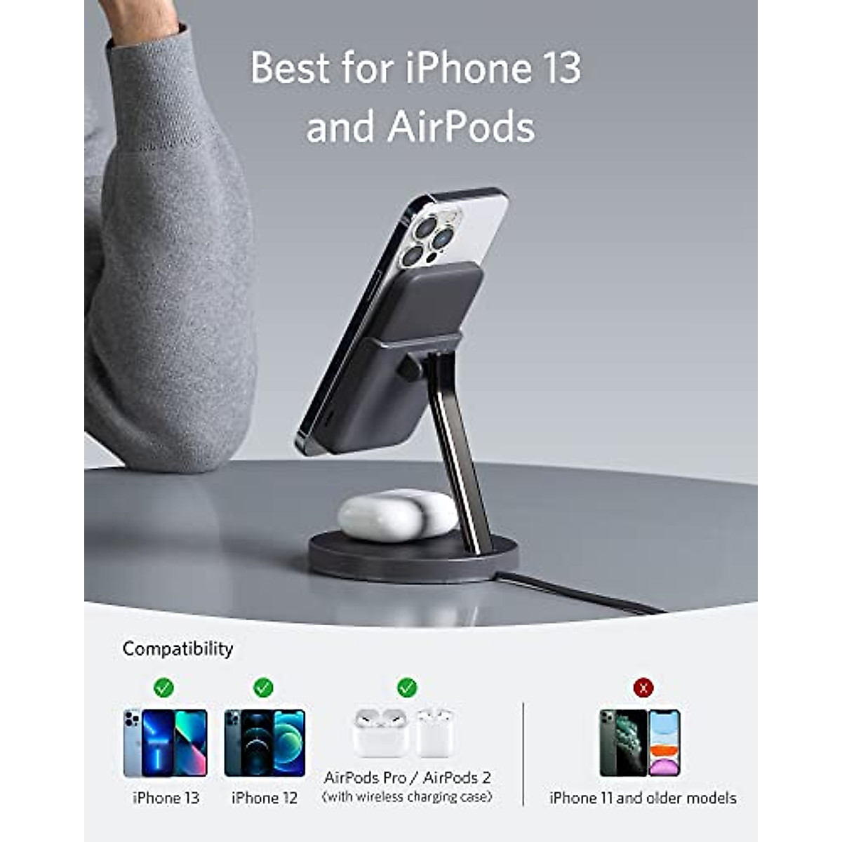 Anker Magnetic Wireless Charger, 633 MagGo 2-in-1 Wireless Charging Station, Detachable Portable Charger, Only for iPhone 14/14 Pro/14 Pro Max/13/13 Pro Max and AirPods Pro (Interstellar Gray)