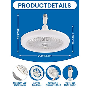 Enclosed Ceiling Fan with Light - Small 10-inch Bladeless Socket Fans with Remote Control, Dimmable LED Lights 3 Gear Wind Speeds for Garage Tool Room/Store Room/Kitchen/Bathroom