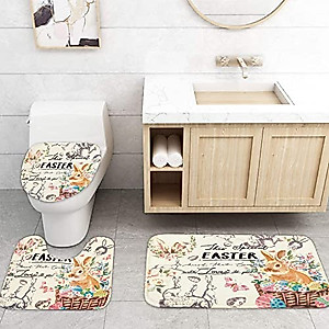 4 Pcs Easter Shower Curtain Sets with Non-Slip Rugs, Toilet Lid Cover, Bath Mat and 12 Hooks, Pink Rose Bunny Rabbit and Easter Eggs Spring Shower Curtains for Easter Day Bathroom Decoration