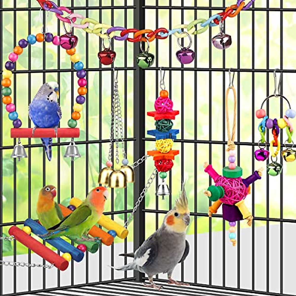 YIXUND Bird Toys for Conures with Colorful Ladder Hammock Bird Cage Accerious Bird Perch Stand Chewing Toys Hanging Bell for Parrot Parakeet Cockatiel Lovebirds