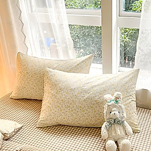 EAVD Garden Style Botanical Floral Duvet Cover Twin Soft 100% Cotton Yellow Floral Leaves Pattern Bedding Set with 2 Pillowcases Reversible Girld Plaid Duvet Cover with Zipper Closure