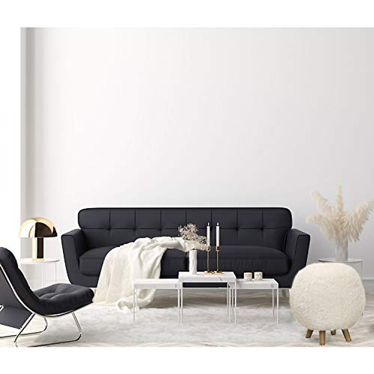 Critter Sitters 19-In. Seat Height Plush White Pouf Ottoman with 4 Spindle Legs, Round Ottoman for Nursery, Bedroom, Vanity, Playroom, and Living Room Decor, Soft and Comfortable Pouf Chair