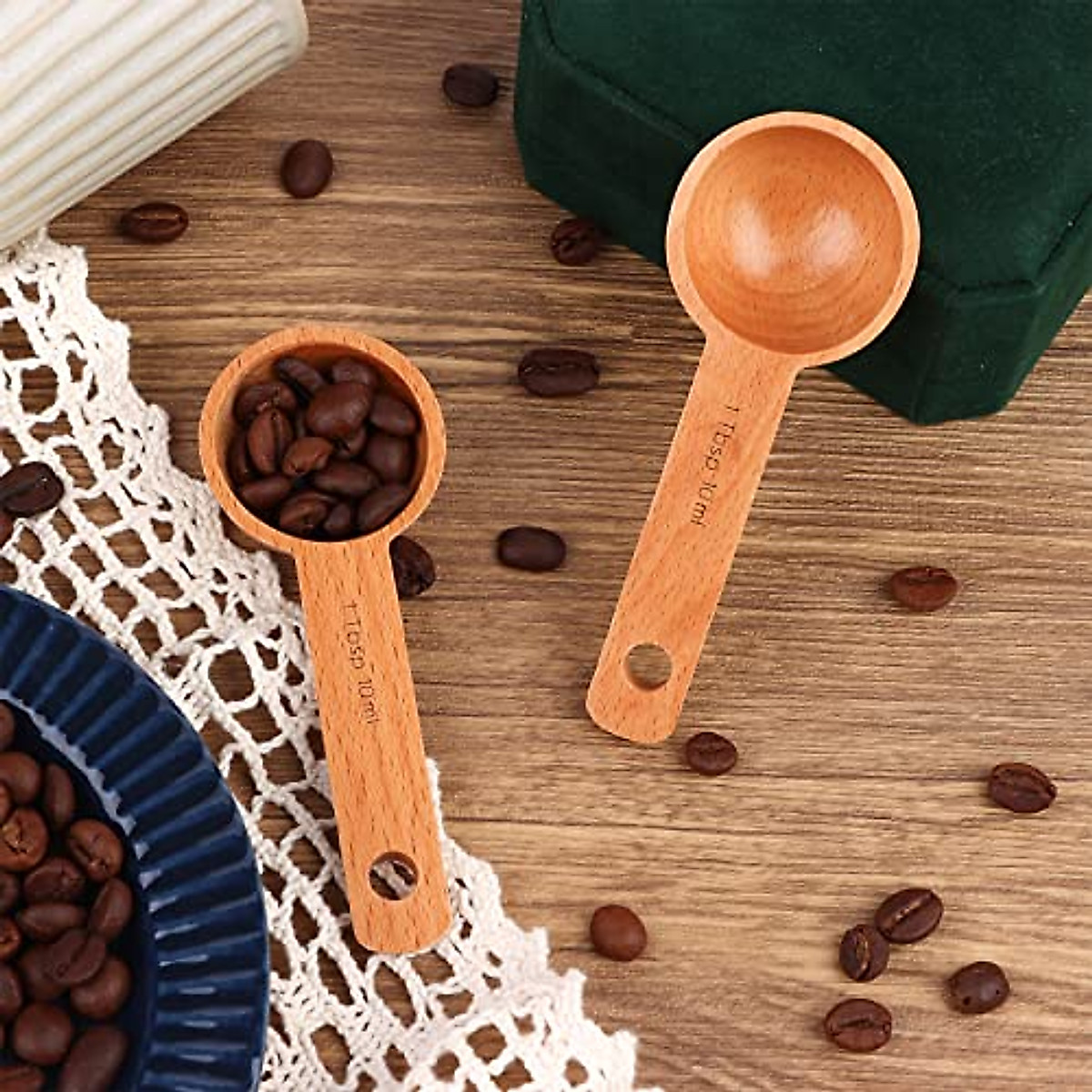 6 Pieces Wooden Coffee Spoon in Beech Coffee Scoop Measuring Scoop for Coffee Beans Wood Table Spoon for Whole Beans Ground Beans or Tea, Home Kitchen Accessories, 10 ml