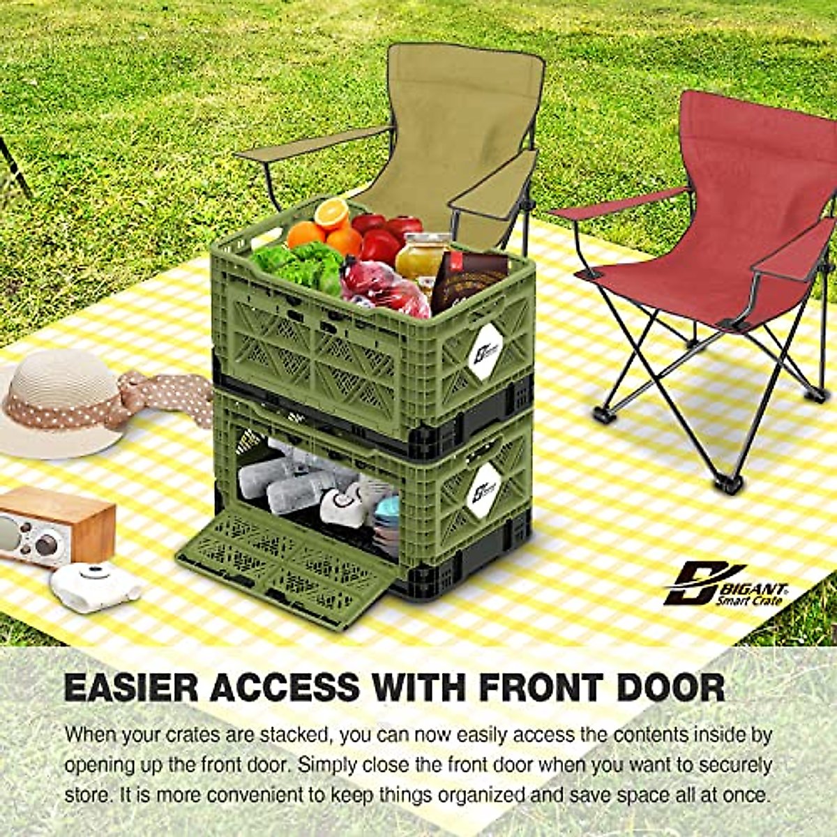 Bigant Heavy Duty Collapsible & Stackable Plastic Milk Crate-Medium Size, Olive, Stackable Open Front Organizer, Set of 1, Snap Lock Foldable Industrial Garage Storage Bin Container Utility Basket