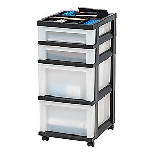 IRIS USA Craft Plastic Organizers and Storage, Rolling Storage Cart for Classroom Supplies, Storage Organizer for Art Supplies, Drawer Top Organizer for Small Parts, 4 Drawer, Black/Pearl