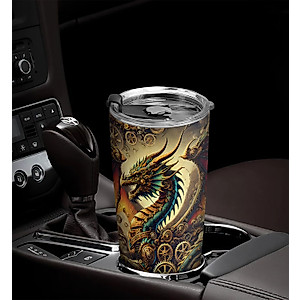64HYDRO 20oz Steampunk Mechanical Dragon Tumbler, Engineer Mechanic Dragons, Gaming, Gamers Gifts for Dragon Lovers, Stainless Steel Double Wall Vacuum Insulated Coffee Mug, Travel Cup with Lid