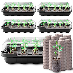 5 Pack Seed Starter Tray Seeding Starter Kits (50 Cells Total Tray)+ 50pcs Peat Pellets Seed Starter Soil,Seed Starter Kits Indoor Greenhouse Plant Germination Kits for Seeds Growing (Black)
