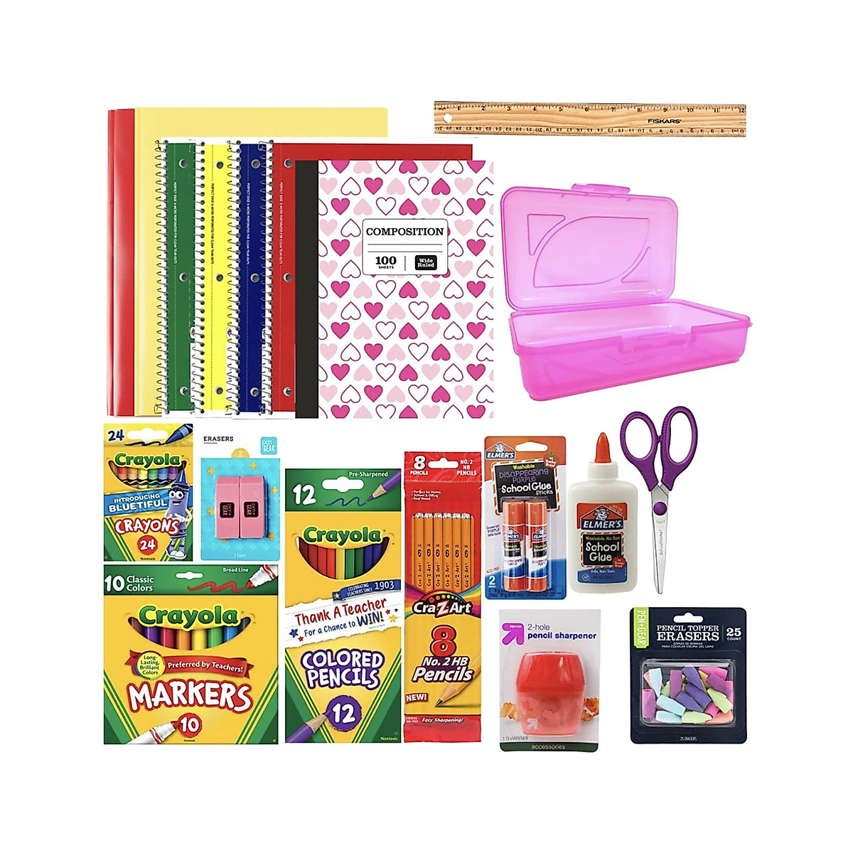 Back to School Essentials Supplies Pack Kit Bundle - Grades K-8 | Wide Ruled Notebooks Composition Book Folders Markers Crayons Colored Pencil Sharpener Glue Sticks (for Girls)