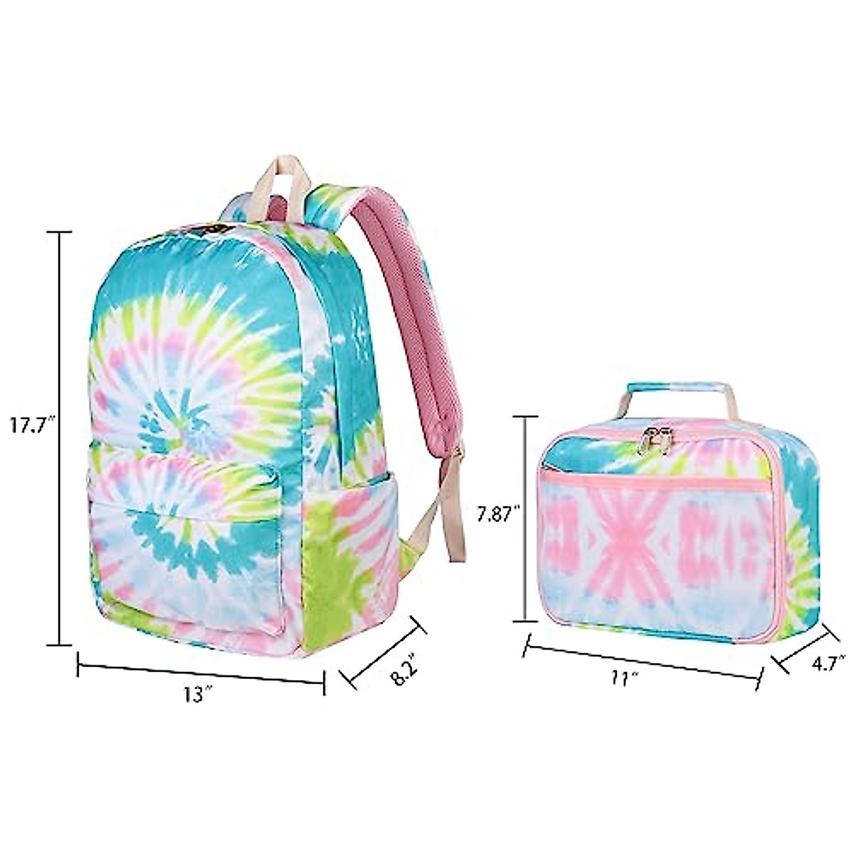 Airyard Girls Backpack, Kids Backpack for School Lightweight School Backpack for Teen Girls Bookbag Set with Lunch Box (Tie-Dye Colorful)