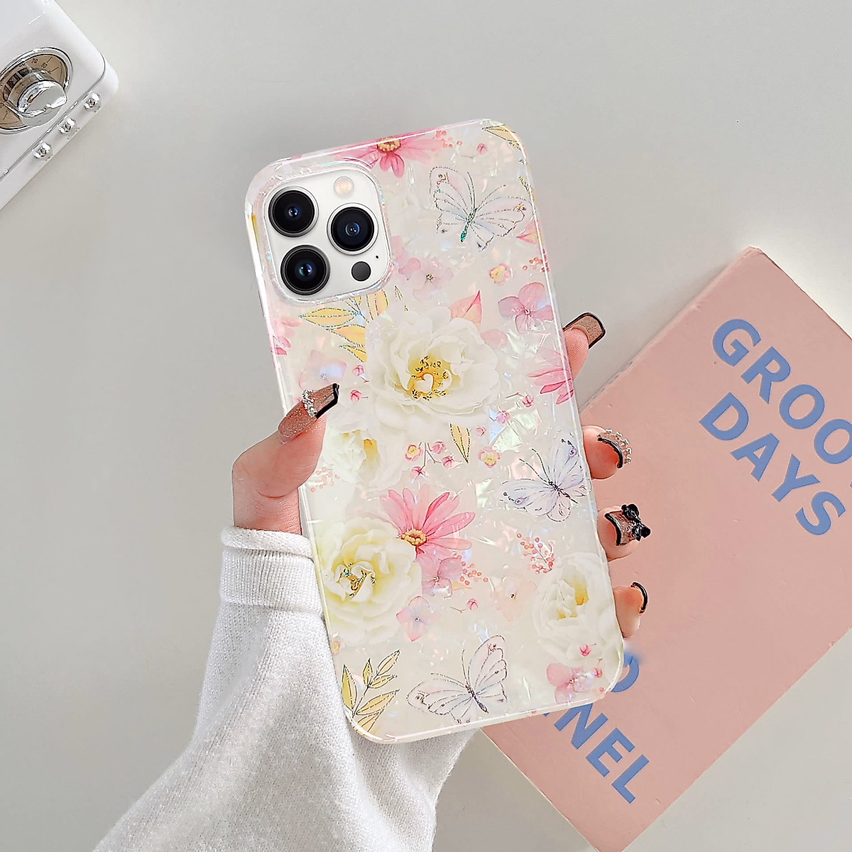 J.west iPhone 13 Pro Max Case 6.7 inch,Luxury Sparkle Glitter Soft Clear Colorful Opal Pearly Thinfoil Design Shiny Floral Print Silicone Cover for Women Girls Slim TPU Protective Phone Case