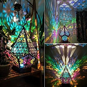 Algado Wooden Bohemian Floor Lamp, Bohemian Hollow Geometric Retro Floor Decorative Lamp USB Colorful Diamond Bohemian Lights, Decorative Floor Lamp 3D Projection Night Lamp Desk Lamp Home Decor