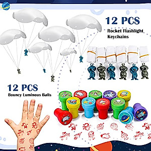 Lorfancy 96 Pcs Outer Space Party Favors Kids Space Toys Boys Girls Space Themed Party Supplies Slap Bracelets Tattoo Stickers Stampers Bouncy Ball Keychains Gift Bags Accessories Birthday Party Decorations