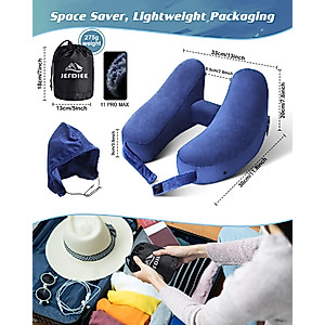 JefDiee Neck Pillows for Travel, Travel Pillow for Neck, Chin, Head Support, Airplane Pillow with Soft Washable Velour Cover, Hat, Portable Luxury Bag, 3D Sleep Mask and Earplugs (Blue)