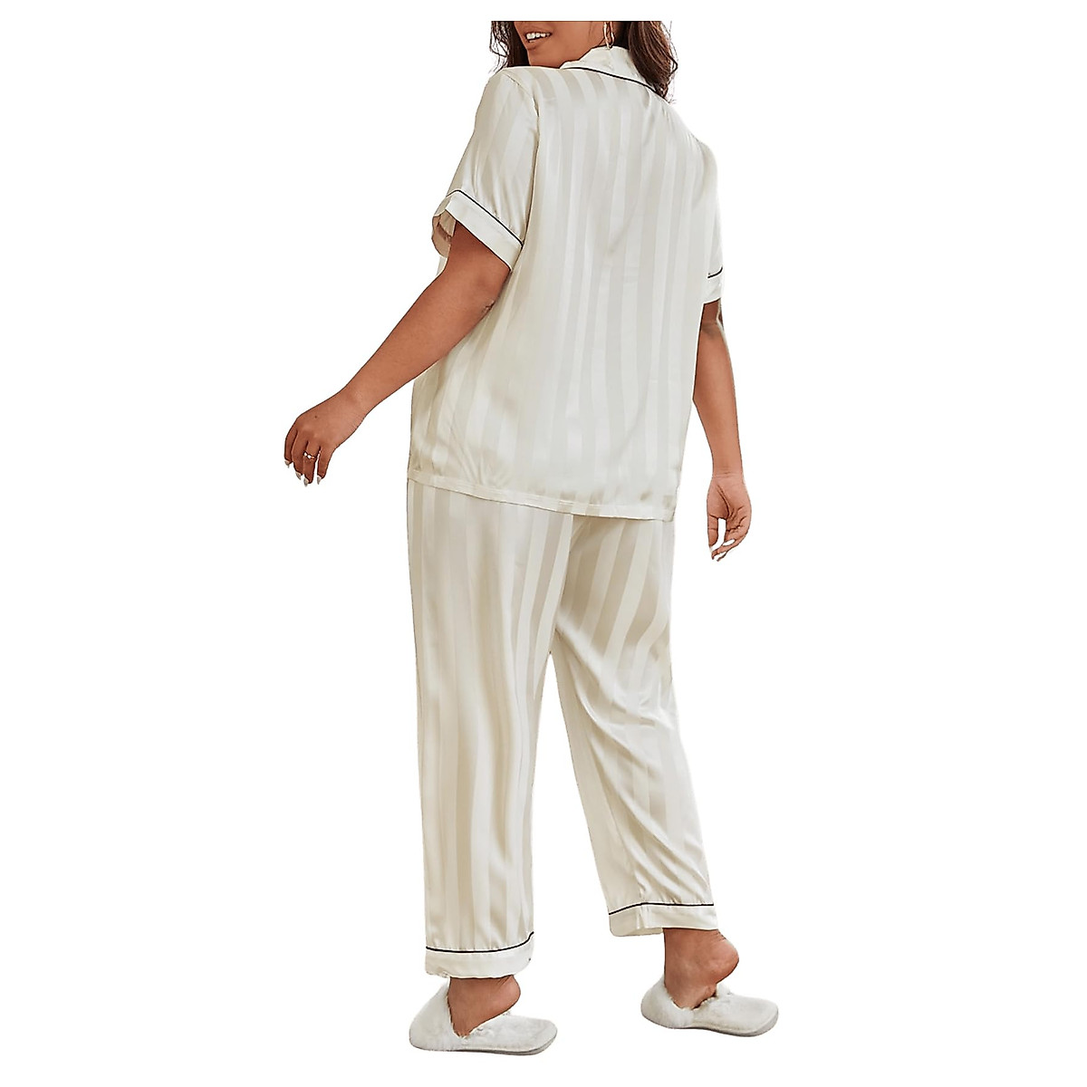 OYOANGLE Women's Plus Size Satin Pajama Set Silky Short Sleeve Button Down Tops and Pants Sleepwear Loungewear White 3XL