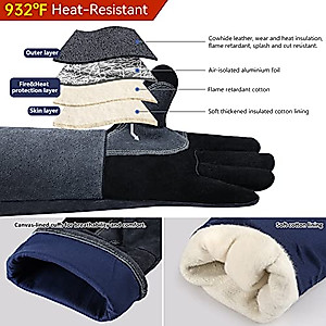 Bessteven 14in Leathe Welding Gloves 932℉/500℃ BBQ Gloves Fireproof Heat Proof for Oven Barbecue Cooking Wood Stove Pot Holder Campfire Soldering Welder Gifts for Men Women