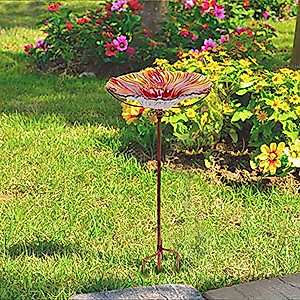 MUMTOP 26 Inch Height Glass Birdbath Birdfeeder with Metal Stake Garden Outdoor Red