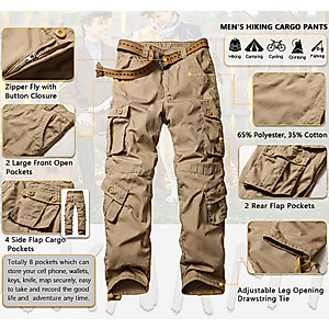 TRGPSG Men's Ripstop Wild Cargo Pants Multi-Pocket Military Army Camo Casual Work Combat Trousers 5335 Khaki 34