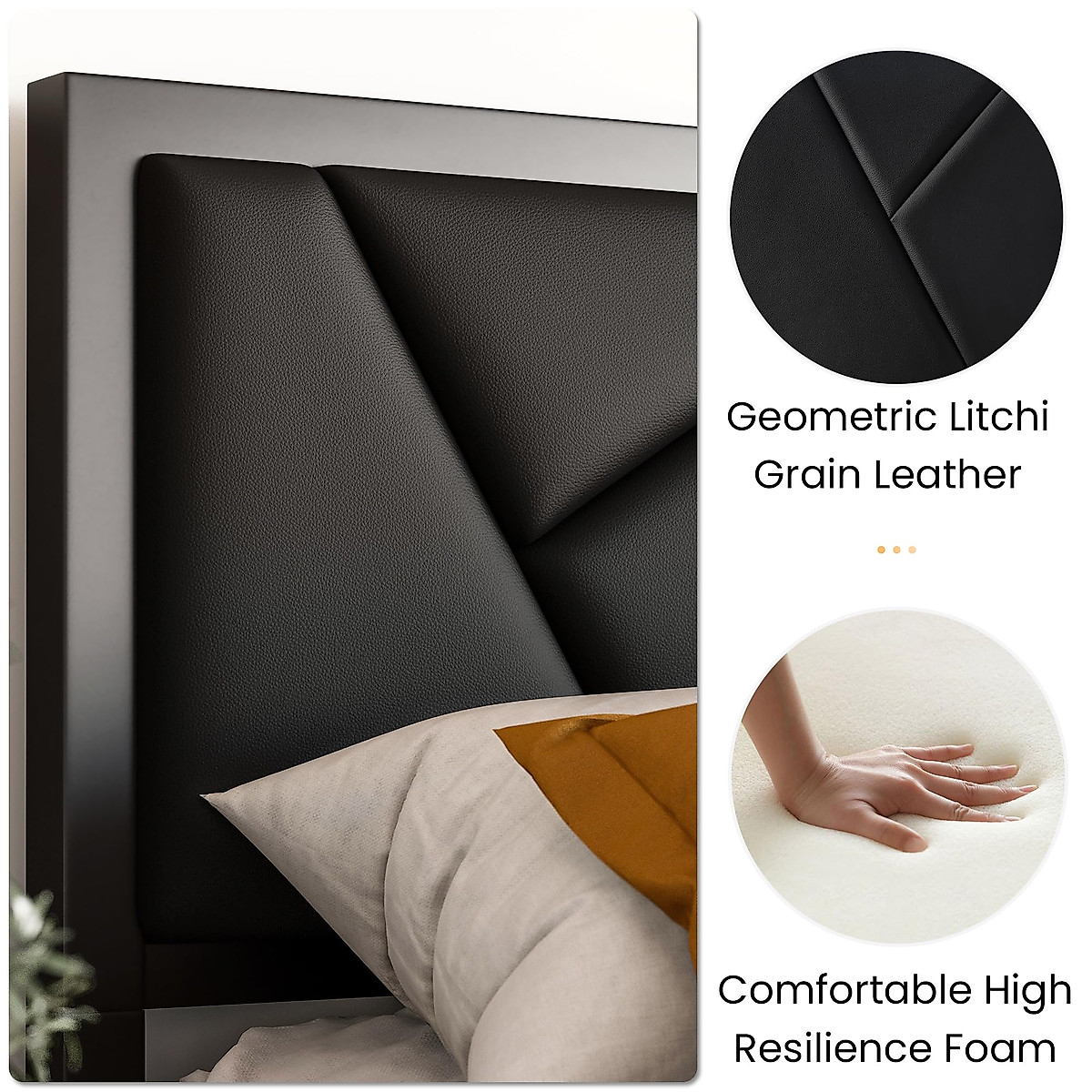 SHA CERLIN Modern Full Size Metal Bed Frame with Litchi Grain Leather Upholstered Headboard, No Box Spring Needed, 12.4" Underbed Storage, Black