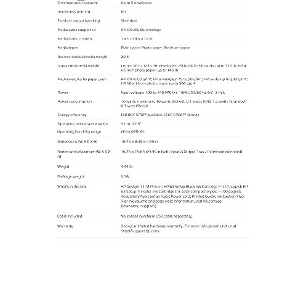 HP Deskjet 1112 Compact Printer (F5S23A)