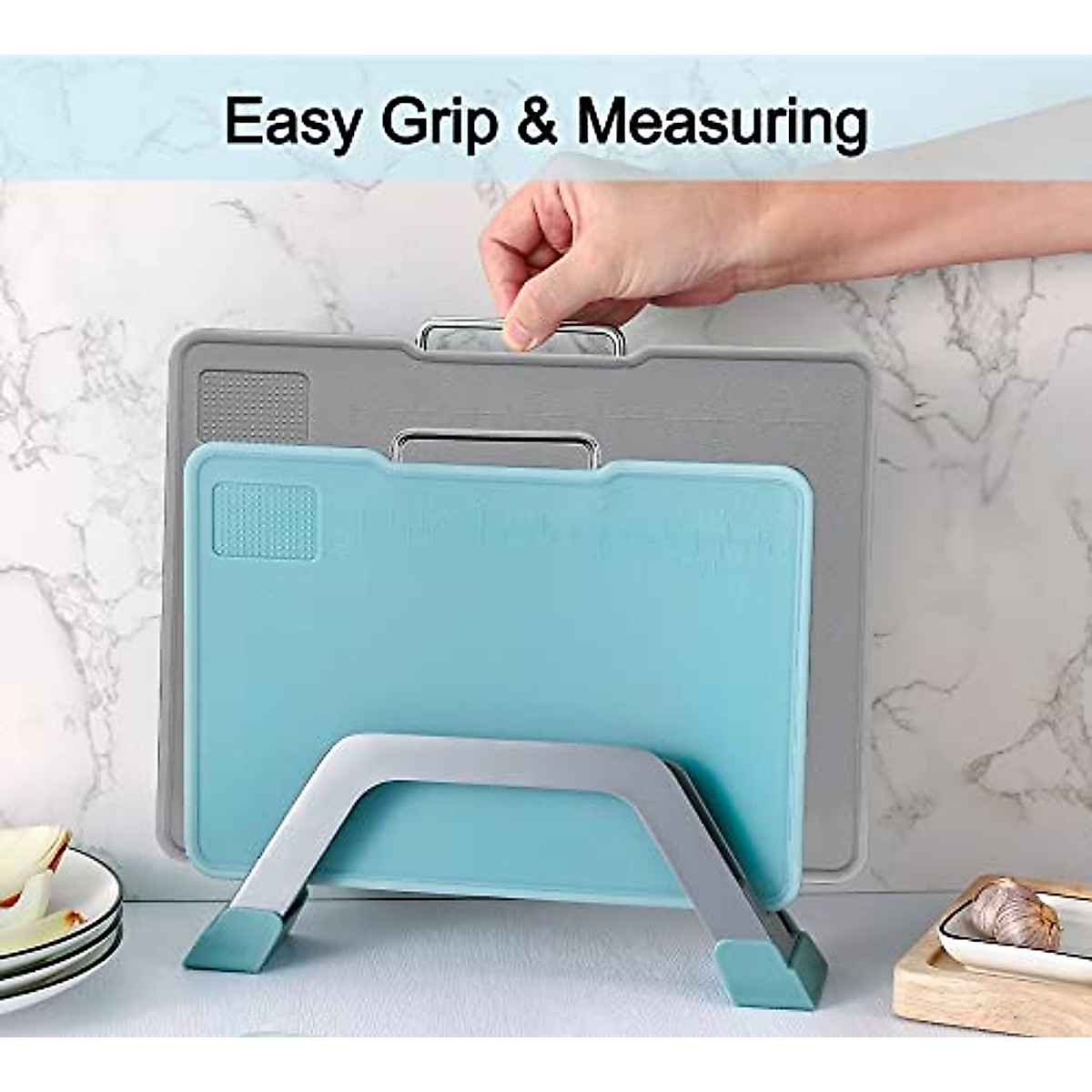 Domonic Home Cutting Board Set, Cutting Boards for Kitchen Dishwasher Safe, Plastic Cutting Board with Holder, Chopping Board with Juice Grooves, Non-Slip