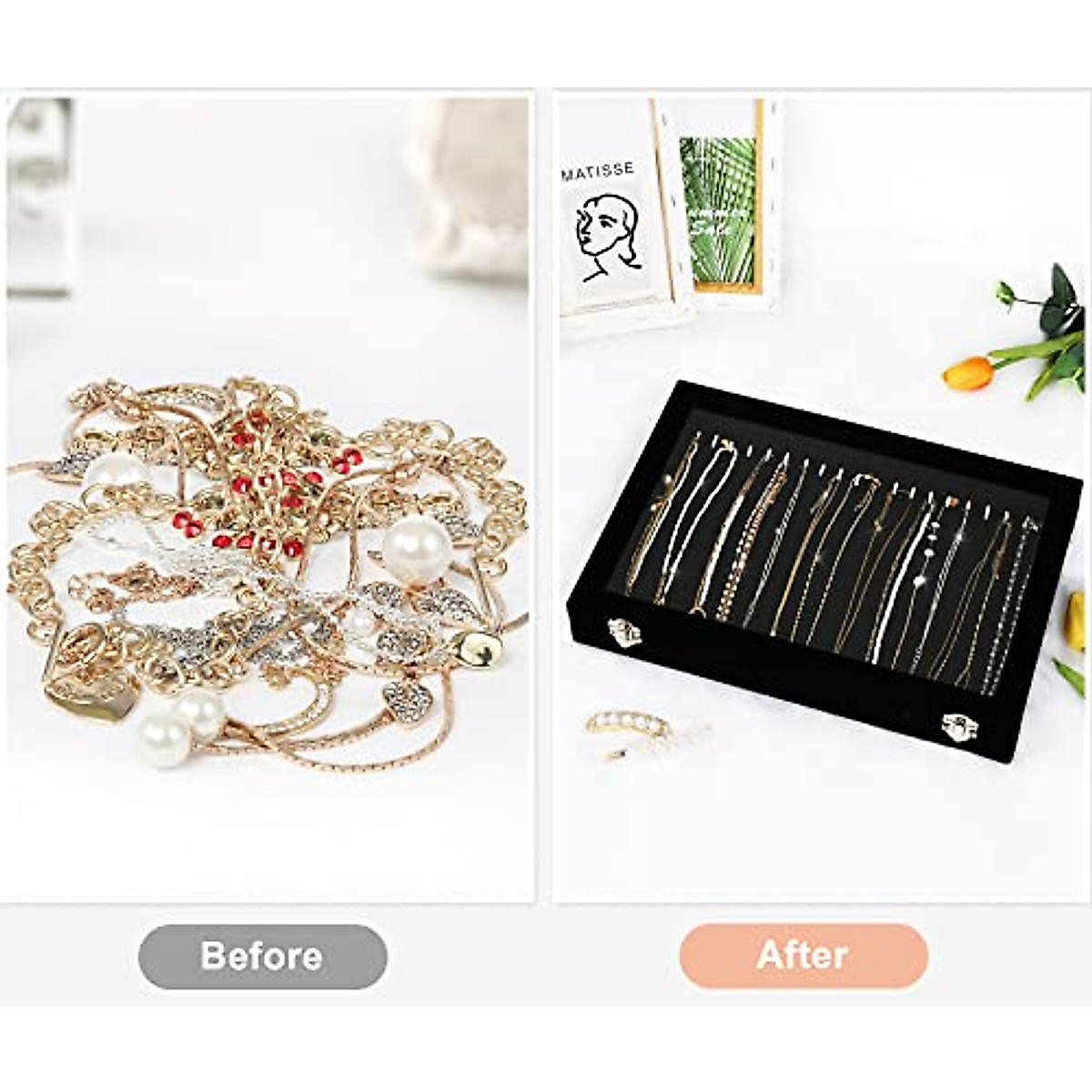 Necklace Organizer Box, Necklace Tray for Jewelry with Clear Lid, Dustproof Velvet Necklaces Holder Storage Display Case, 20 Hooks Glass Top Jewelry Tray Drawer Insert for Necklaces Pendant Bracelet