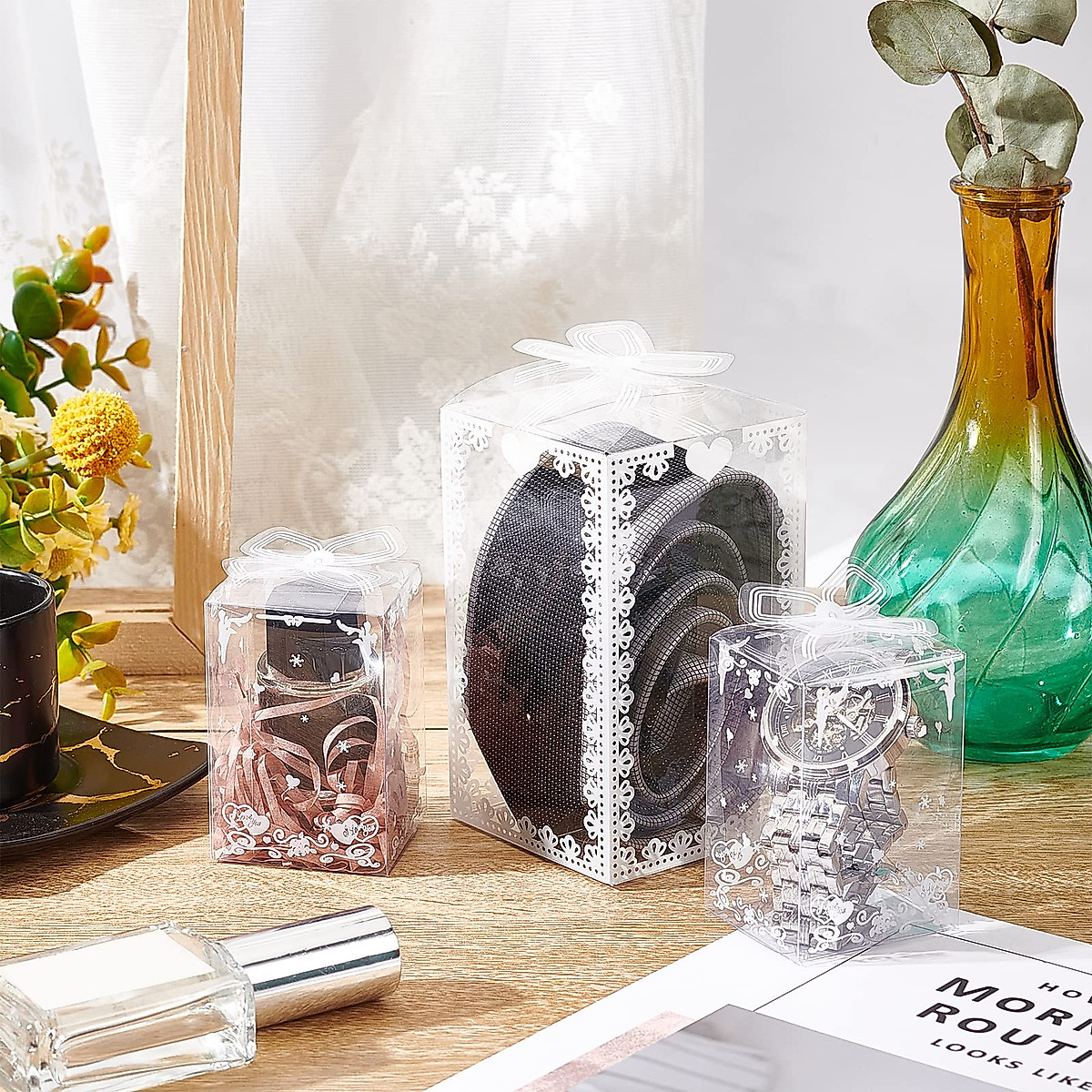 BENECREAT 24PCS Clear Plastic Gift Box with Bowknot 4.5x2.5x2.5 Transparent PVC Favor Boxes Packing Box for Holiday, Wedding Party Favors, Packaging