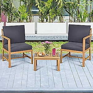 WYKDD 3 PCS Patio Table Chairs Set Solid Wood Thick Cushion Sectional Garden Furniture