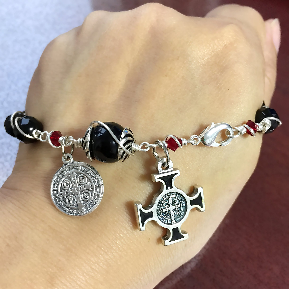 elegantmedical HANDMADE SILVETR Wire Wrap Black Agate Prayer Beads Bracelet Rosary Cross Catholic