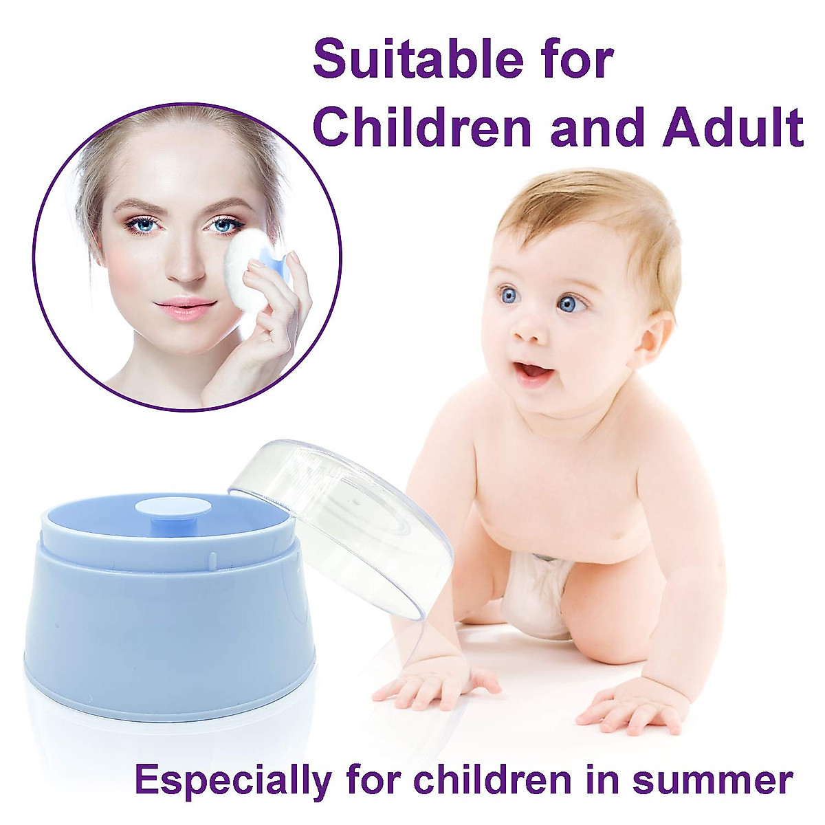 BPA Free Baby Powder Puff Box, Large 2.8" Fluffy Body After-Bath Powder Case, Baby Care Face/Body Villus Powder Puff Container, Makeup Cosmetic Talcum Powder Container with Hand Holder (Blue)