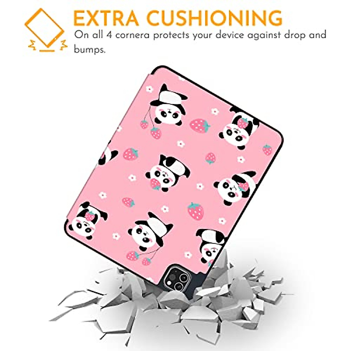 Hepix iPad Pro 12.9 Case 6th Generation 2022 Panda 2021 2020 2018 5th 4th 3rd Gen Cace with Pencil Holder for Kids Cute Strawberry Pink Protective Case Cover Auto Sleep Wake for A2764 A2437 A2766