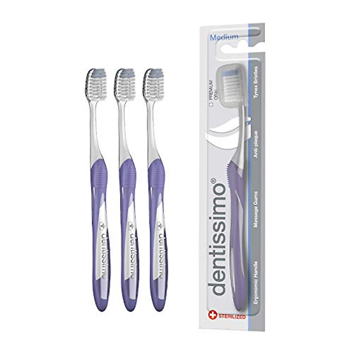 DENTISSIMO SWISS BIODENT Premium Oral Care Medium Bristle Toothbrush with Ergonomic Handle, Colors May Vary, Pack of 3