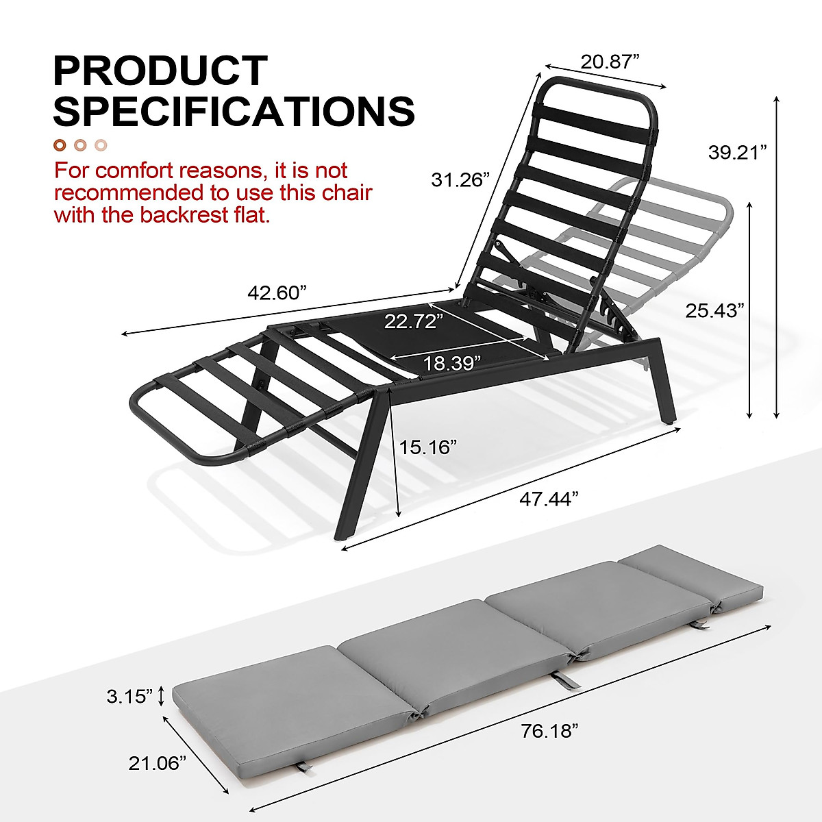 Patio Oversized Outdoor Patio Lounge Chairs set of 2,Metal Outdoor Pool Lounge Chair with Adjustable Backrest, Sunbathing Tanning Poolside Loungers for Backyard Porch Deck Lounger Recliner (Dark Gray)