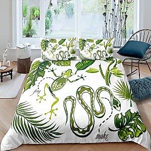 Kids Frog Duvet Cover for Boys Girls Tropical Palm Leaf Comforter Cover Green Rainforest Snake Animal Bedding Set Botanical Leaf Branches Bedspread Cover Room Decor Full Size Bedclothes Zipper