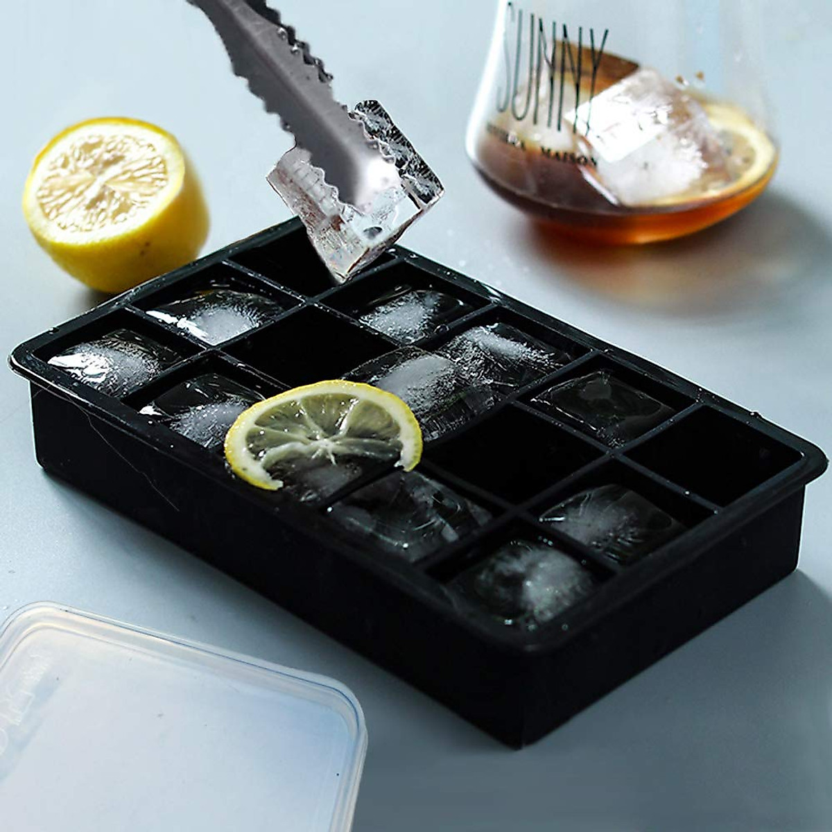 Silicone Ice Cube Trays with No Leaking Lid, Easy-Release and Flexible 15- Cavities Square Ice Cube Mold, Set of 2, No odors and Stackable