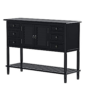 XD Designs Retro Style Sideboard Console Table, Free Standing Kitchen Storage Buffet Server Cabinet, 45 Table Sofa 6 Drawers, 1 Cabinets and Bottom Shelf (Black + MDF), 45.28Wx14.96Dx34.02H