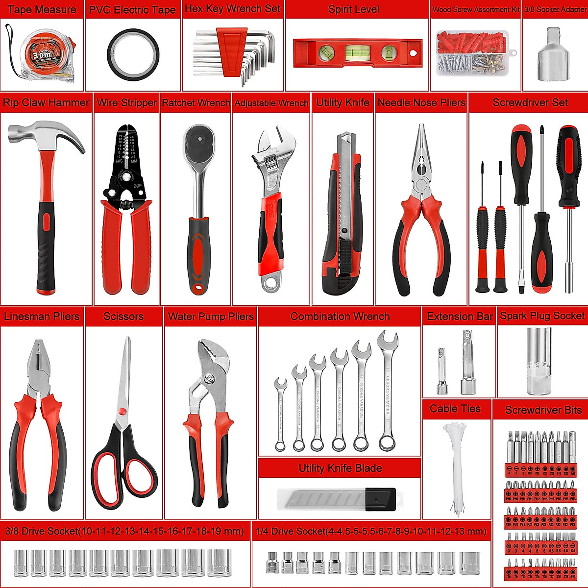 GoYwato Home Tool Kit 287PCs - Complete Repair General Hand Tool Set for Men Women - Household Tool Kit for Home Improvement with Hammer & Pliers Set & Ratchet Wrench & Socket & Portable Tool Box Case
